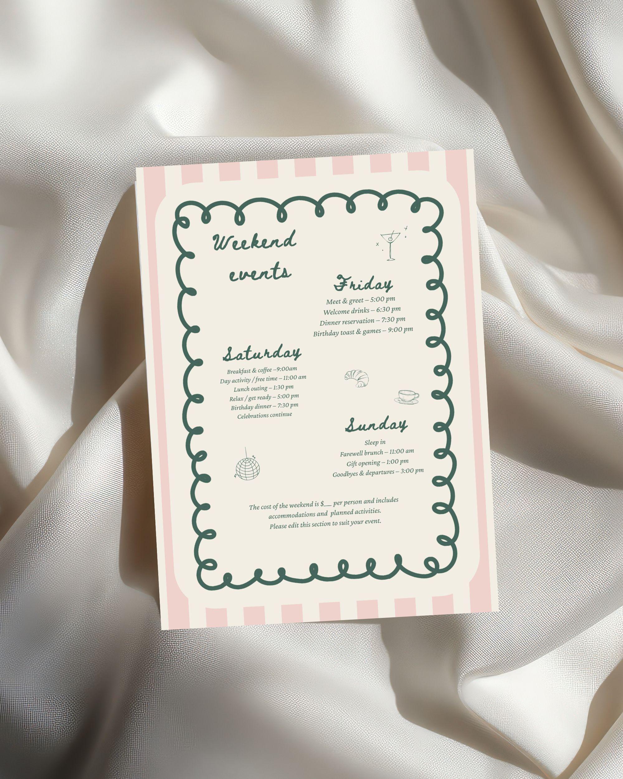 Editable Weekend Itinerary Card Template | Birthday Weekend Agenda ...