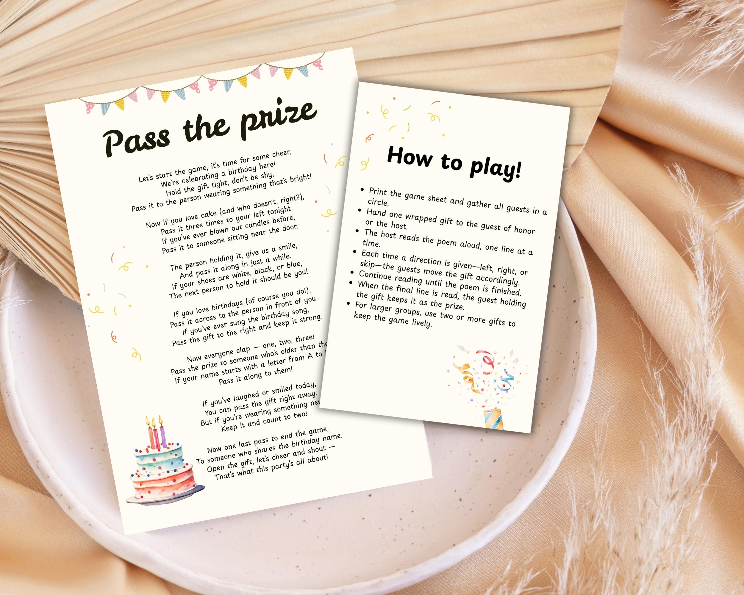Pass the Prize Game: Birthday Party Poem Activity (printable PDF) - Etsy