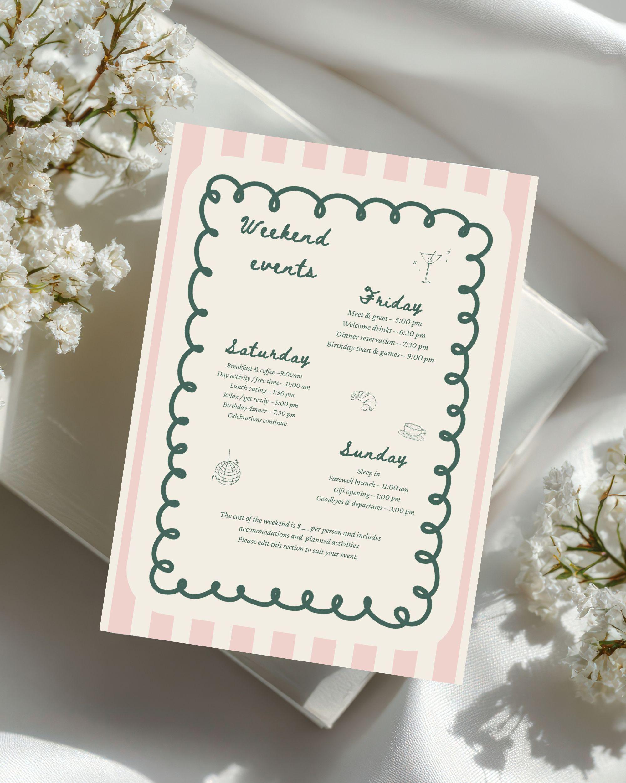 Editable Weekend Itinerary Card Template | Birthday Weekend Agenda ...