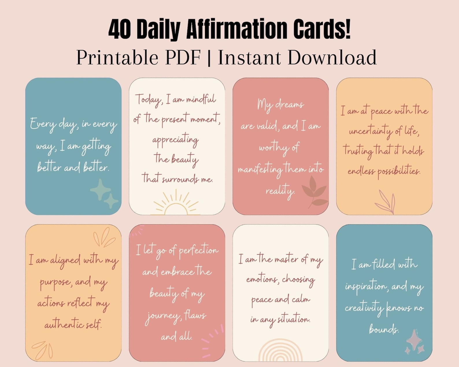 40 Daily Affirmation Cards: Printable Self-care Deck (digital Download ...