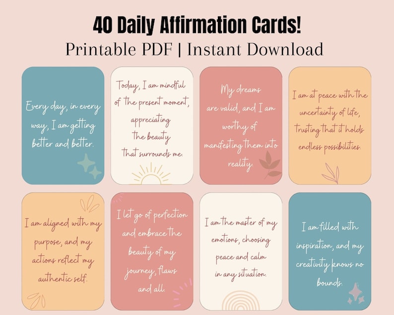 40 Daily Affirmation Cards: Printable Self-care Deck (digital Download ...