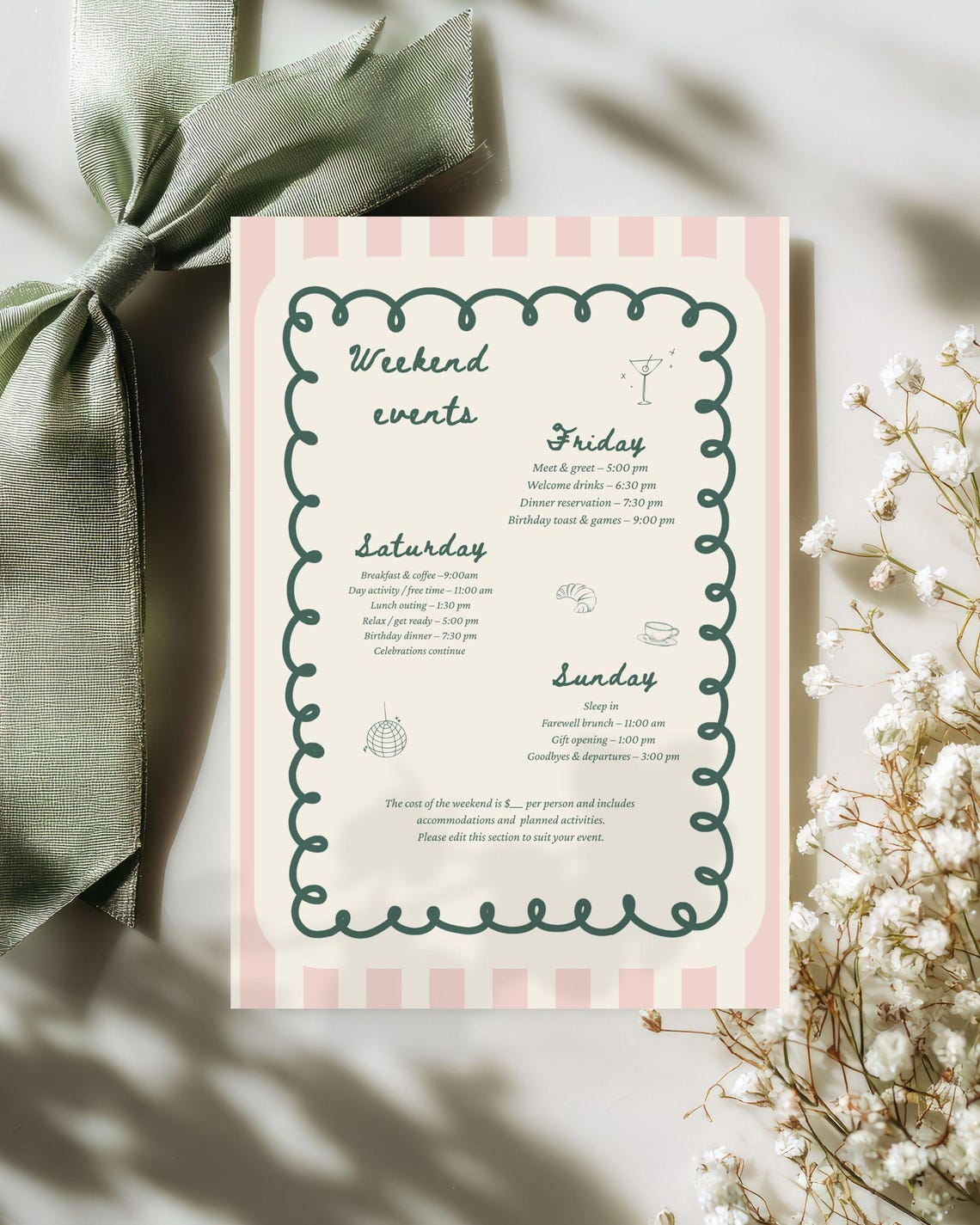 Editable Weekend Itinerary Card Template | Birthday Weekend Agenda ...
