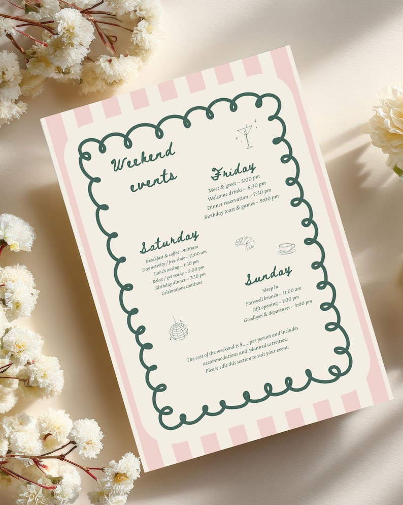 Editable Weekend Itinerary Card Template | Birthday Weekend Agenda ...