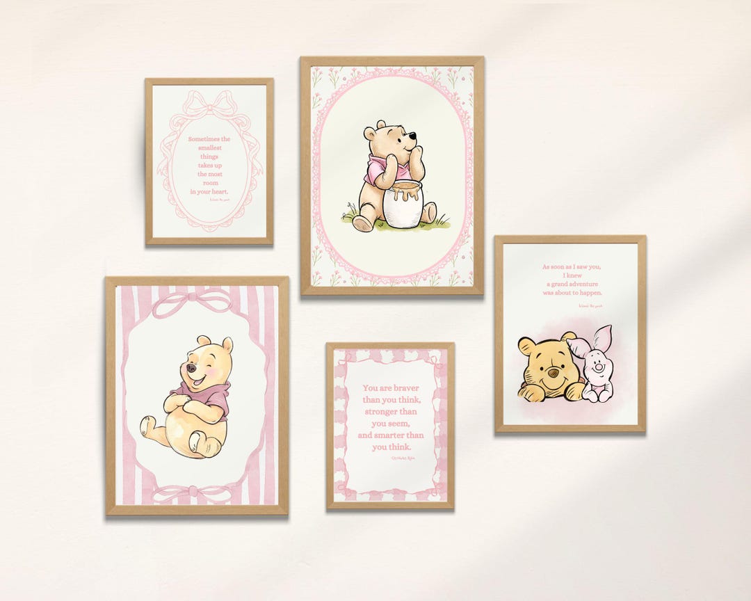 5 Classic Winnie the Pooh Nursery Wall Art Set, Cottagecore Winnie the ...