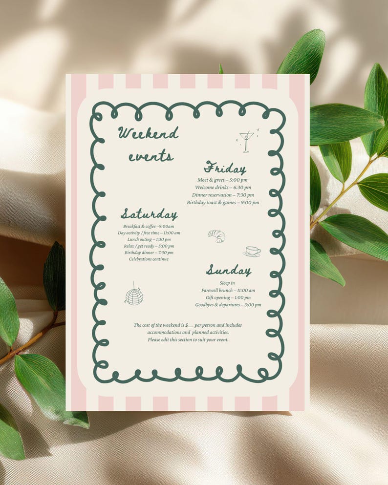 Editable Weekend Itinerary Card Template | Birthday Weekend Agenda ...