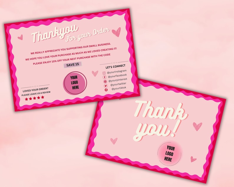 Funky Pink Thank You Card Template: Editable Small Business Packaging ...