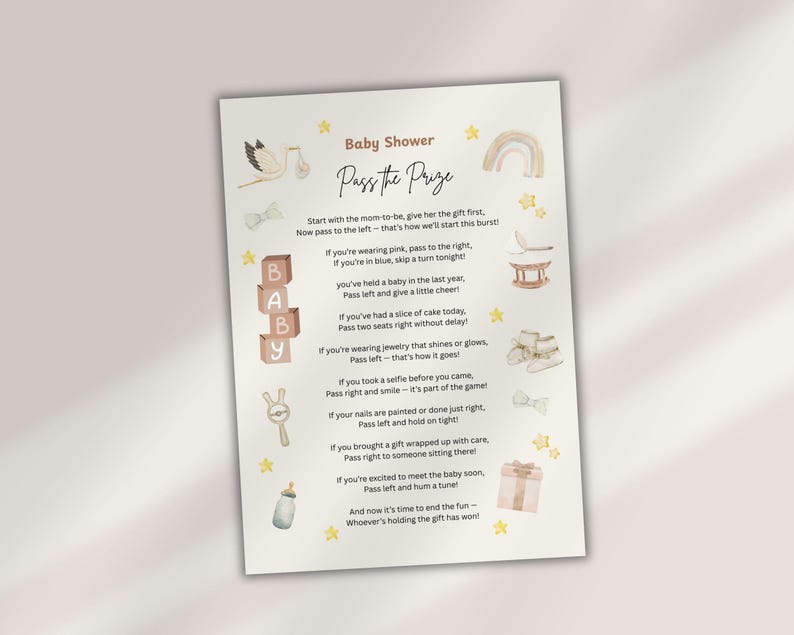 Pass the Prize Baby Shower Game: Pastel Watercolor Printable (digital ...