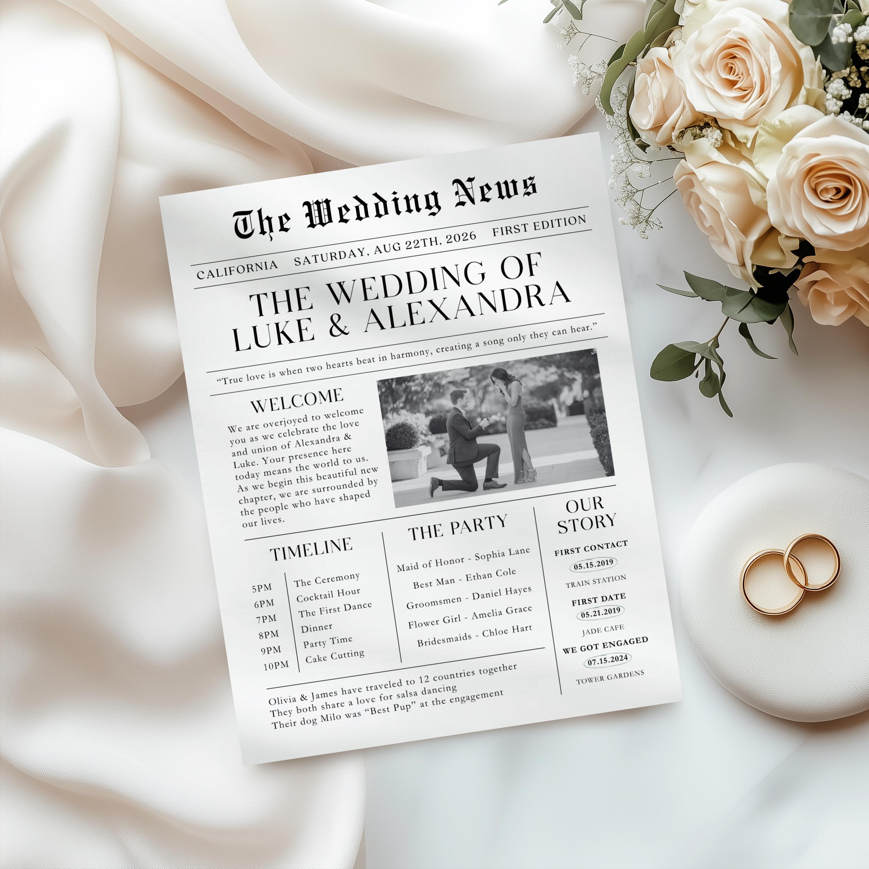 Editable Newspaper Wedding Program Timeline - Wedding Newspaper ...