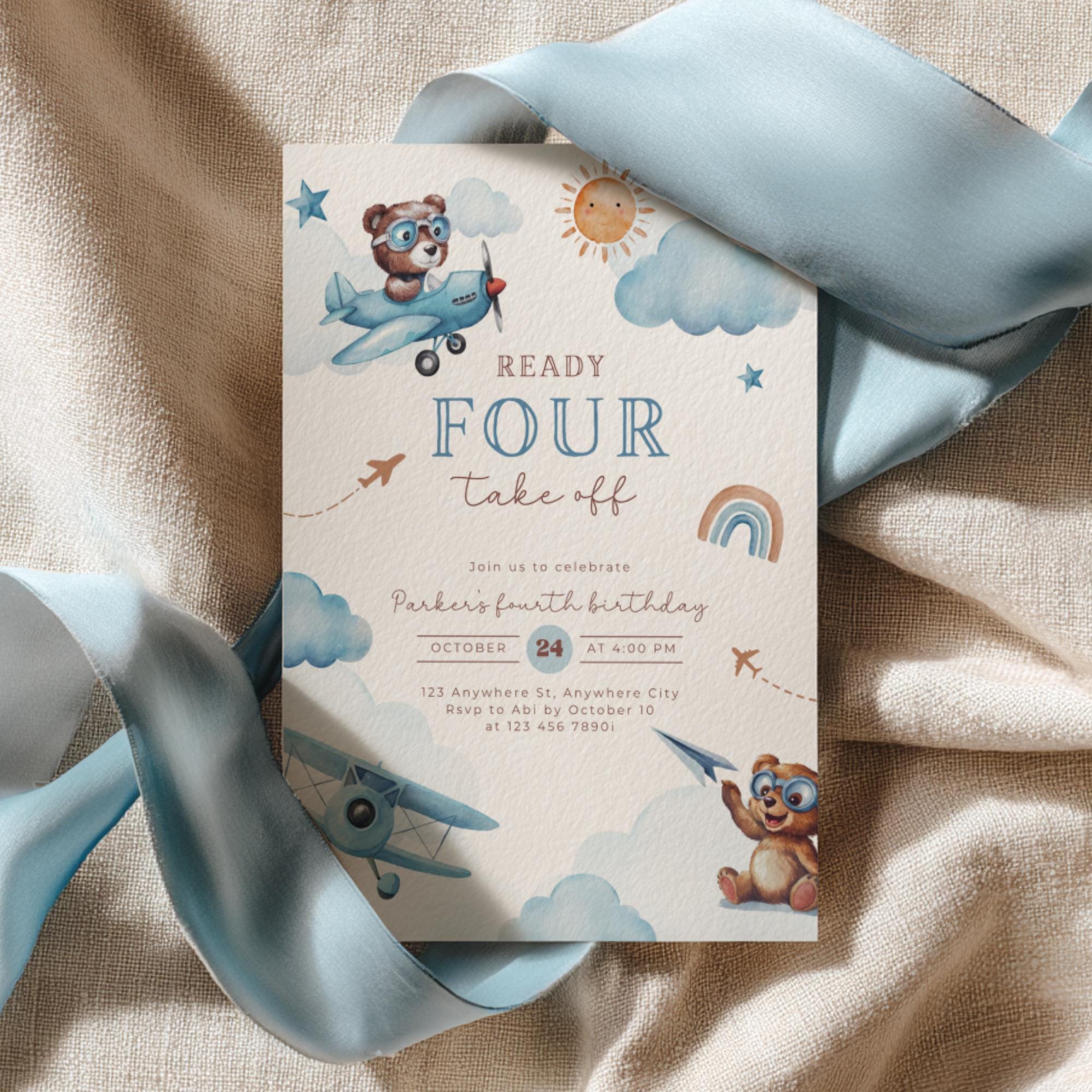 Ready Four Take off Birthday Invitation - Editable Airplane Birthday ...