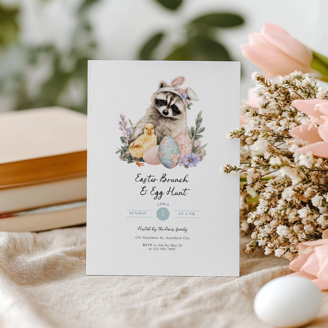 Cute Raccoon Easter Brunch Invitation - Spring Easter Party Printable ...