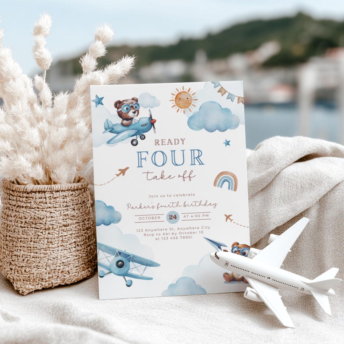Ready Four Take off Birthday Invitation - Editable Airplane Birthday ...