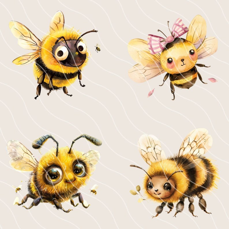 Baby Bee SVG Watercolor Clipart Bundle, Cute Boho Nursery Clip Art PNG ...