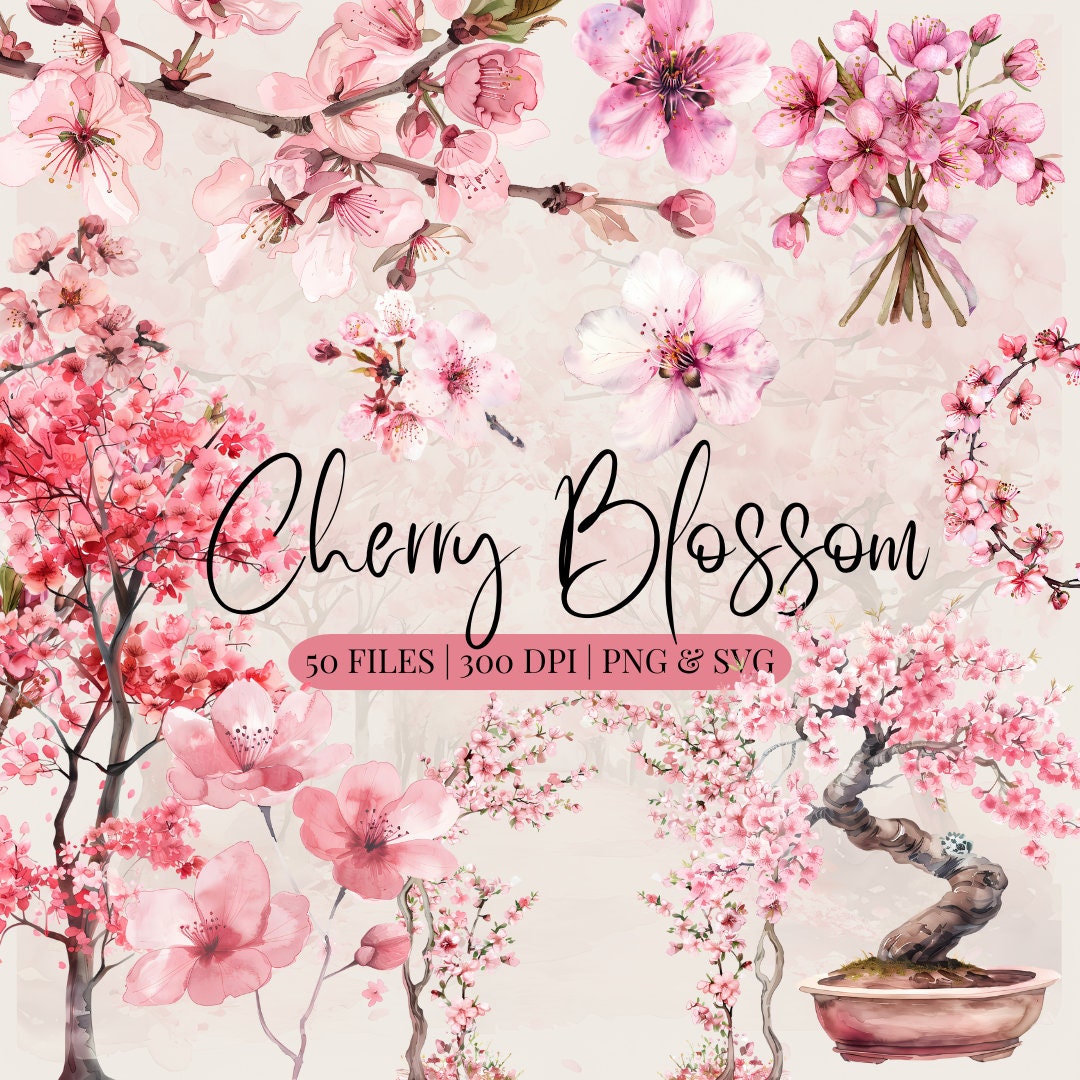 Watercolor Cherry Blossom Clipart SVG & PNG Bundle, Birth Flower SVG ...