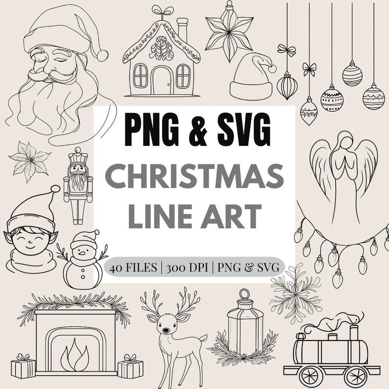 Christmas Line Art Drawings PNG & SVG Clipart Bundle Minimalist Black ...
