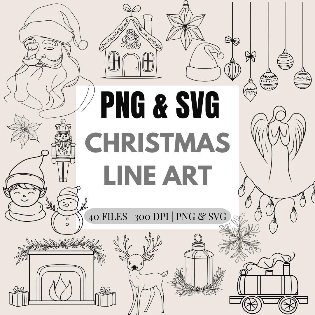 Christmas Line Art Drawings PNG & SVG Clipart Bundle Minimalist Black ...
