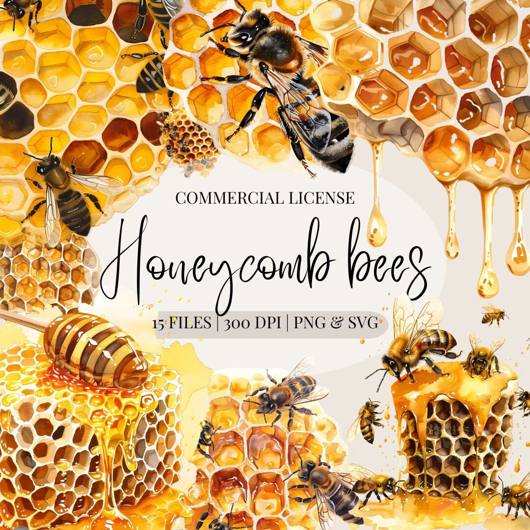 Watercolor Honey Bee SVG Clipart Bundle, Commercial Use, Cute Honeycomb ...