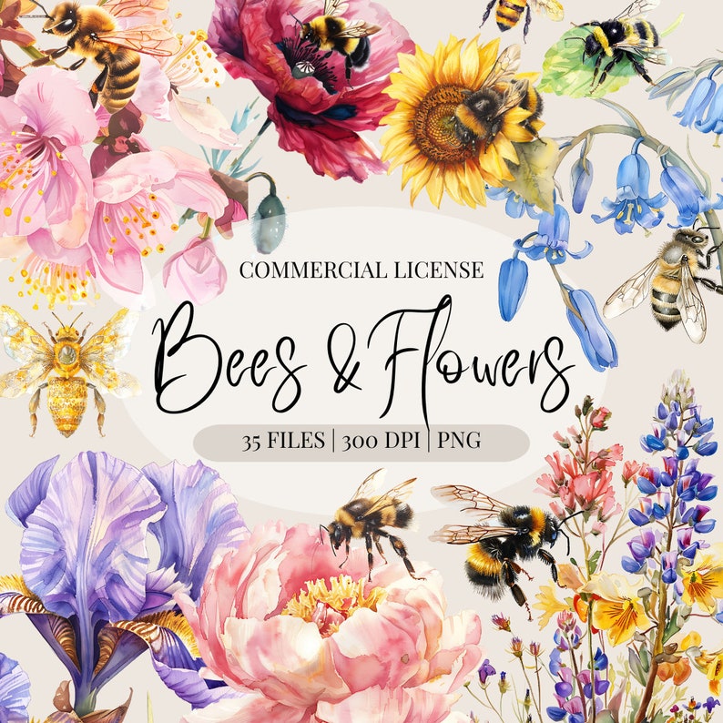 Bees and Flowers Watercolor Clipart PNG Bundle, Honey Bees Clipart SVG ...