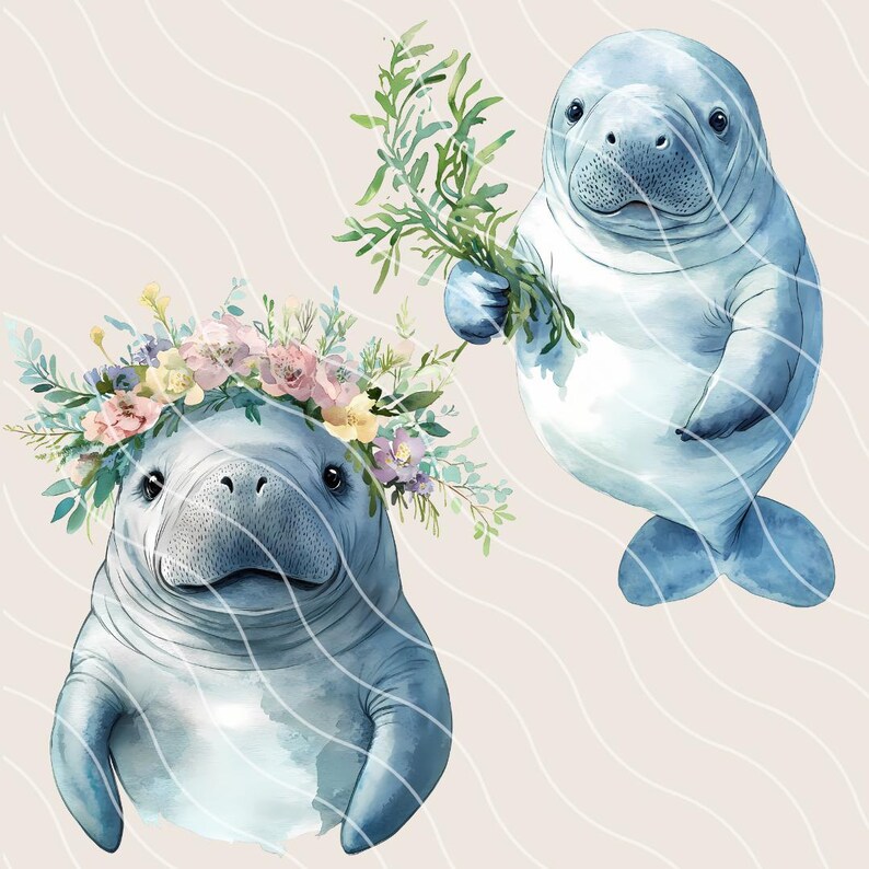 Manatee Boho Nursery Watercolor Clipart PNG & SVG Bundle, Under the Sea ...