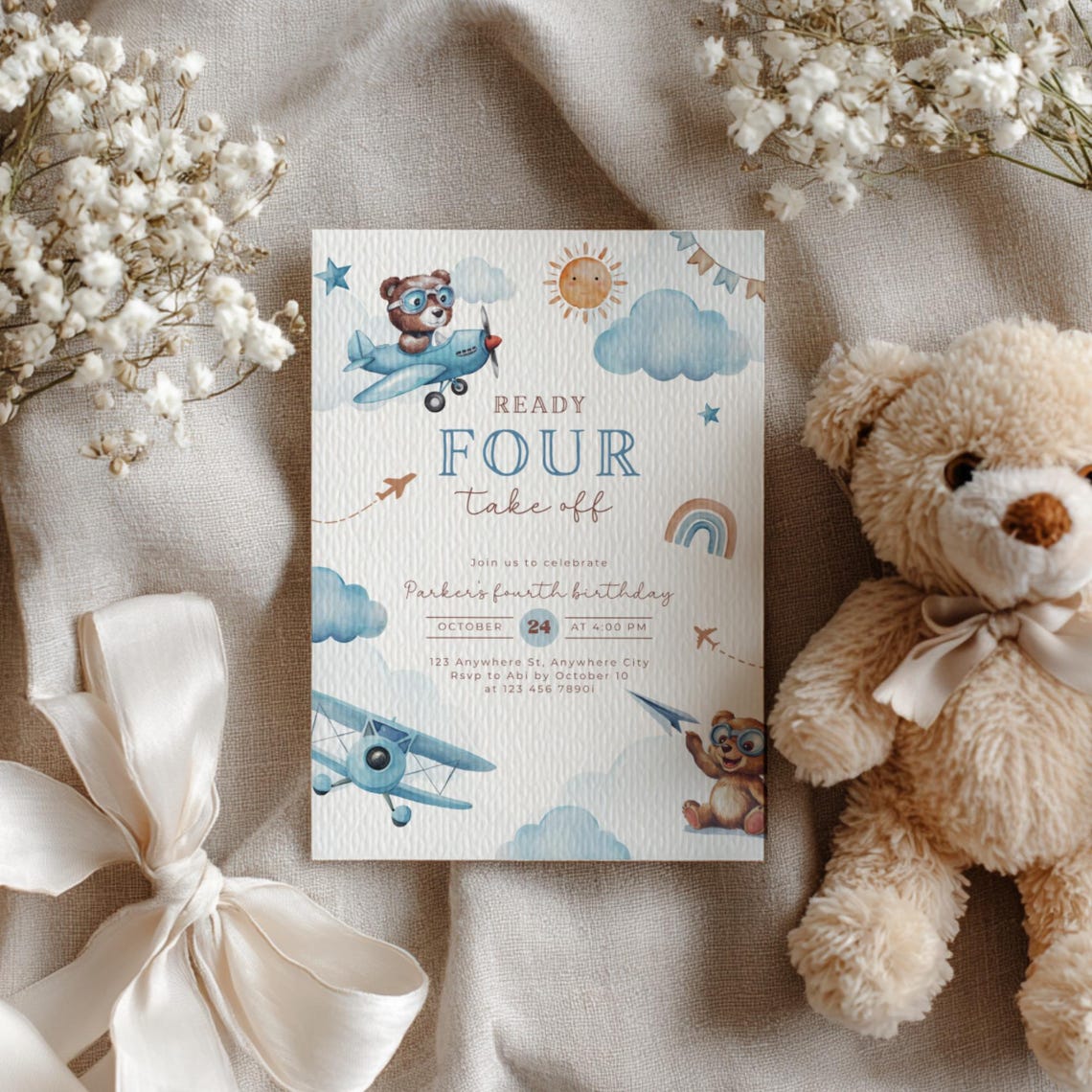 Ready Four Take off Birthday Invitation - Editable Airplane Birthday ...