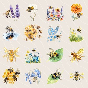 Bees and Flowers Watercolor Clipart PNG Bundle, Honey Bees Clipart SVG ...