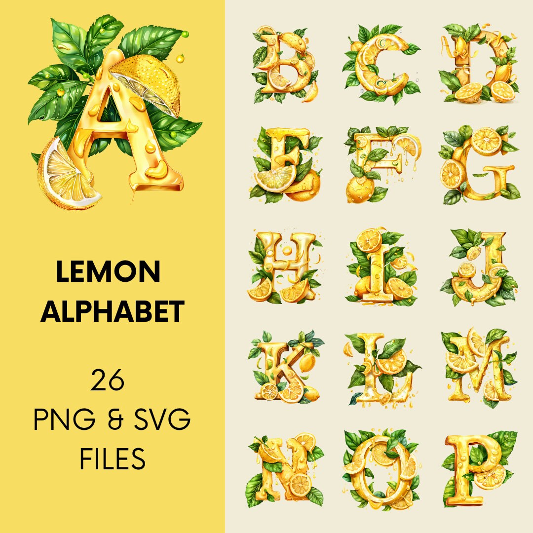 Watercolor Lemon Alphabet Clipart, Lemon SVG & PNG Bundle, Lemonade ...