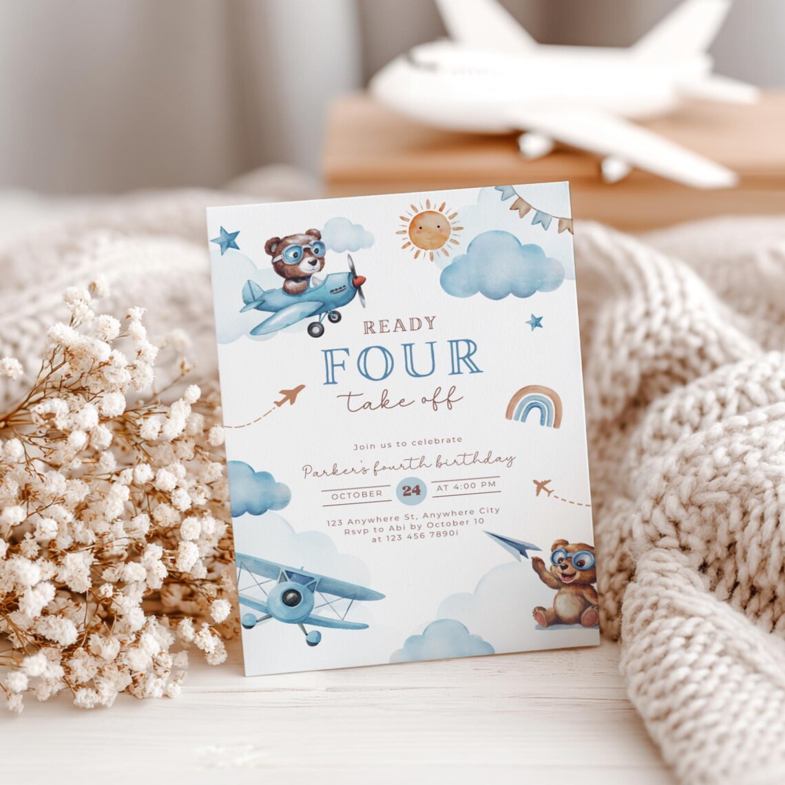 Ready Four Take off Birthday Invitation - Editable Airplane Birthday ...