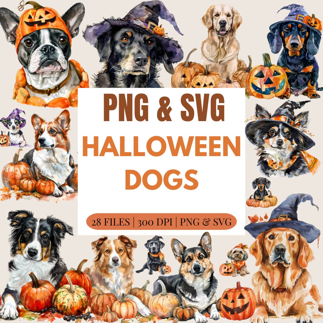 Halloween Dogs Watercolor Clipart Bundle SVG & PNG Pumpkin, Dog Breeds ...
