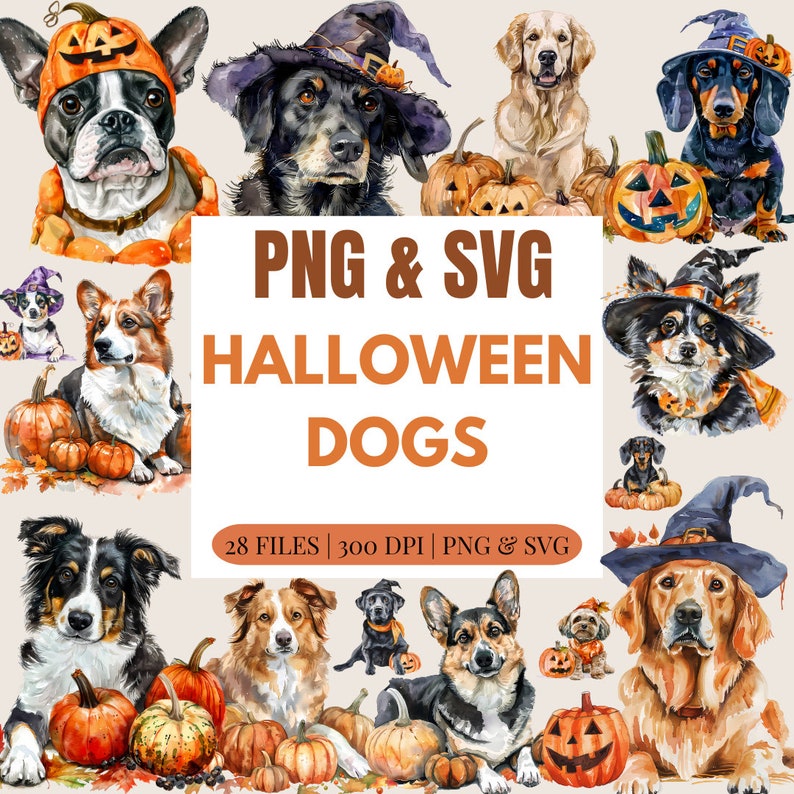 Halloween Dogs Watercolor Clipart Bundle SVG & PNG Pumpkin, Dog Breeds ...
