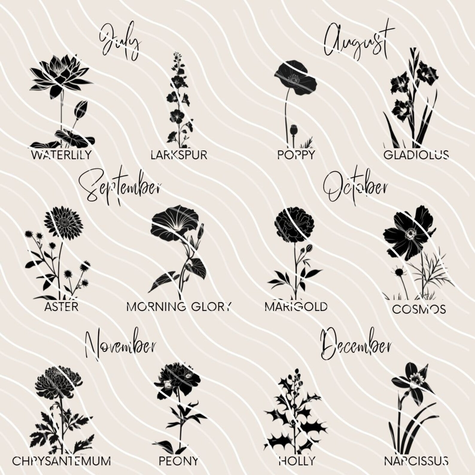Birth Flower SVG Silhouette Files for Cricut, Commercial Use, Birth Flower Print, Wild Flower ...