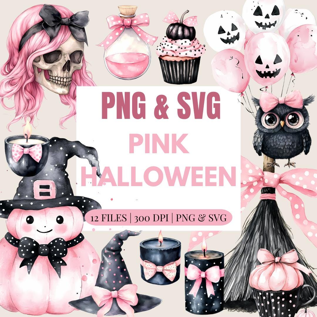 Pink Pastel Halloween Clipart Bundle PNG & SVG, Pastel Pumpkins ...