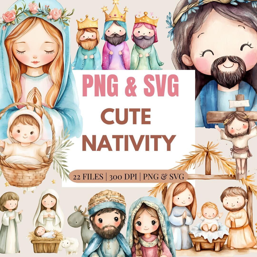 Watercolor Nativity Clipart Set, Cute Kawaii Nativity Christian ...