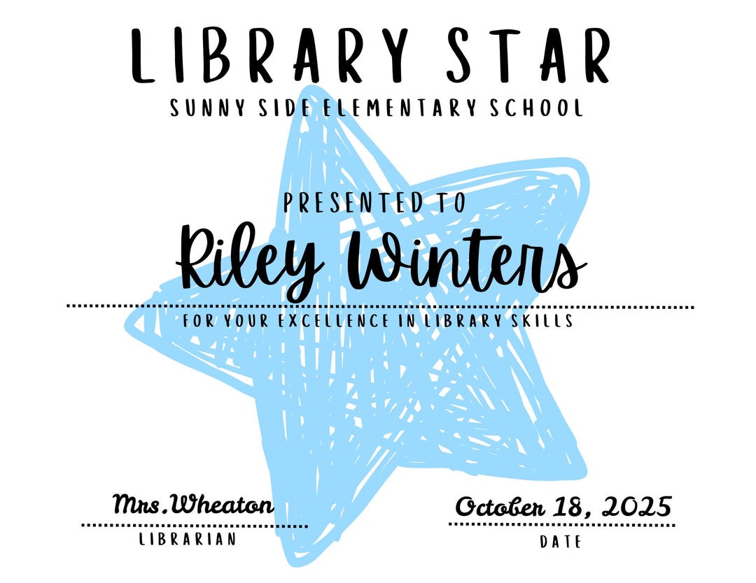 Library Star Award Blue Star Template-editable - Etsy