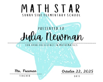 Math Award Certificate – Elementary School Printable (digital Download ...