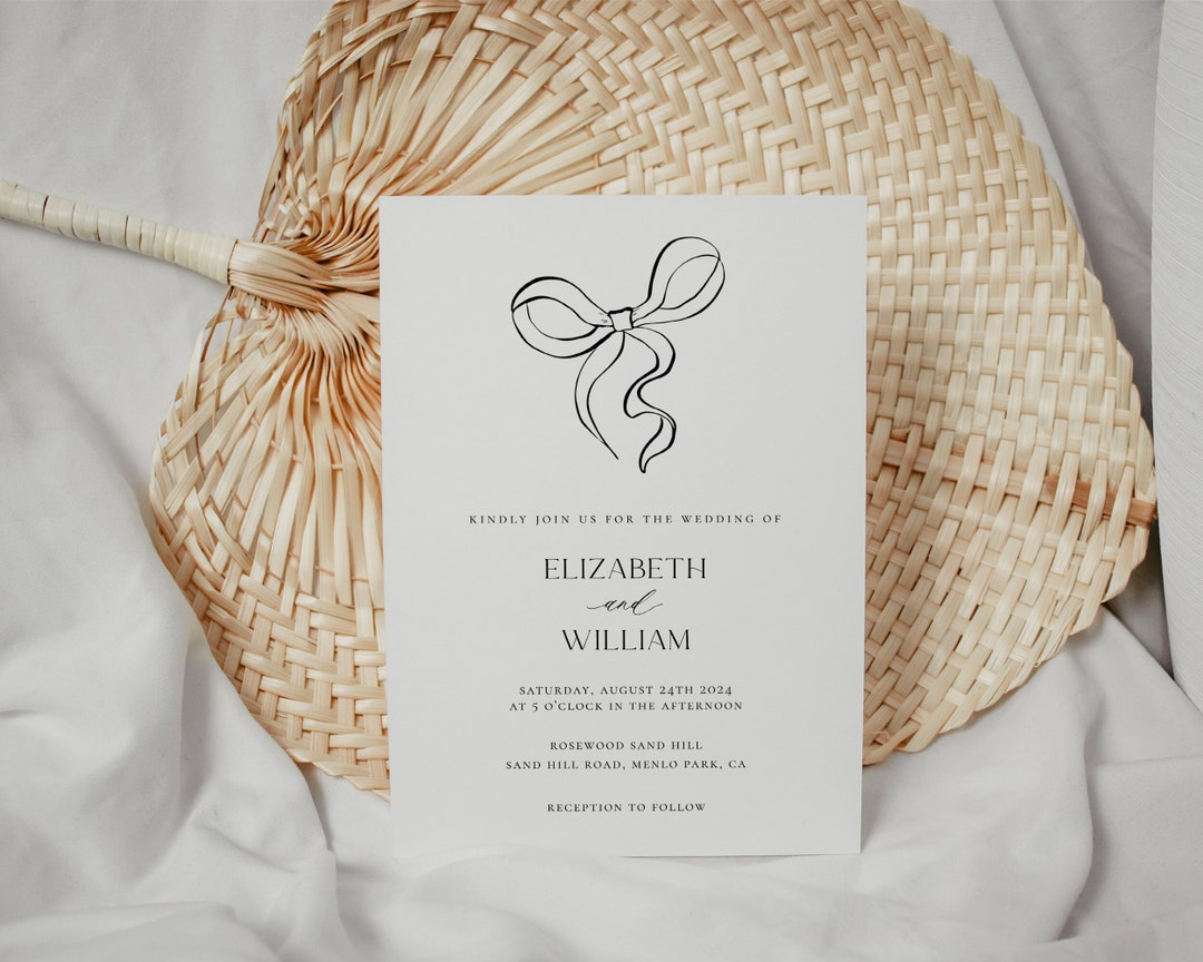 Bow Wedding Invitation Template, Modern Wedding Invitation Set, Minimal ...