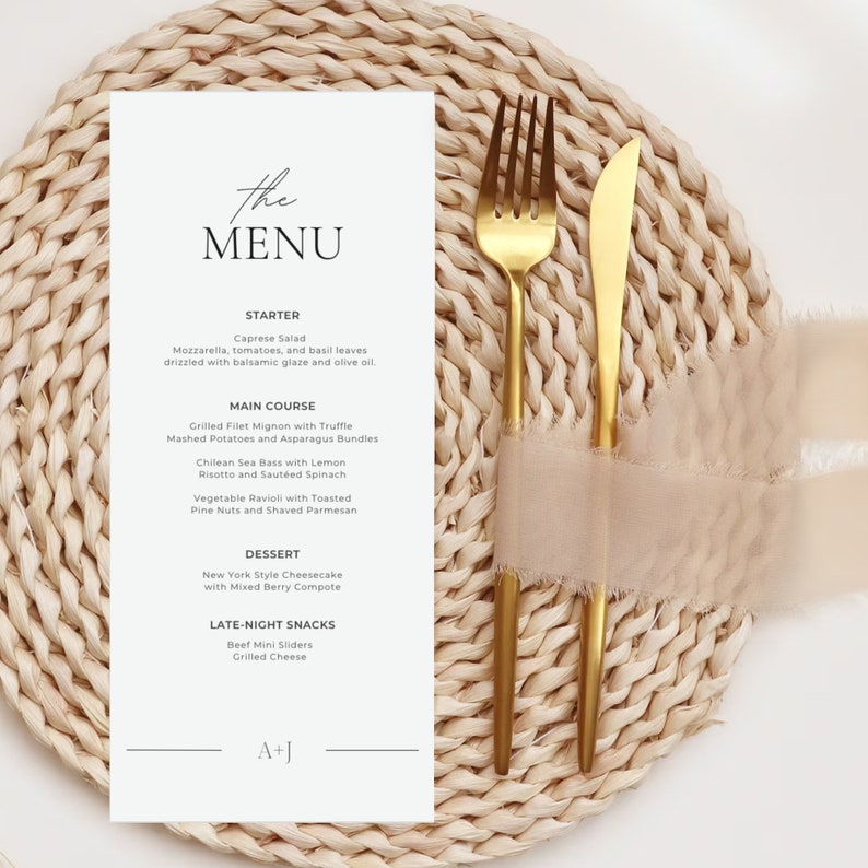 Modern Minimalist Wedding Menu Template | Editable Canva Design - Etsy