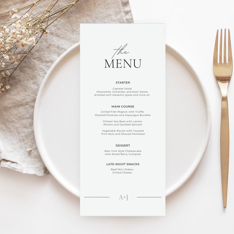 Modern Minimalist Wedding Menu Template | Editable Canva Design - Etsy