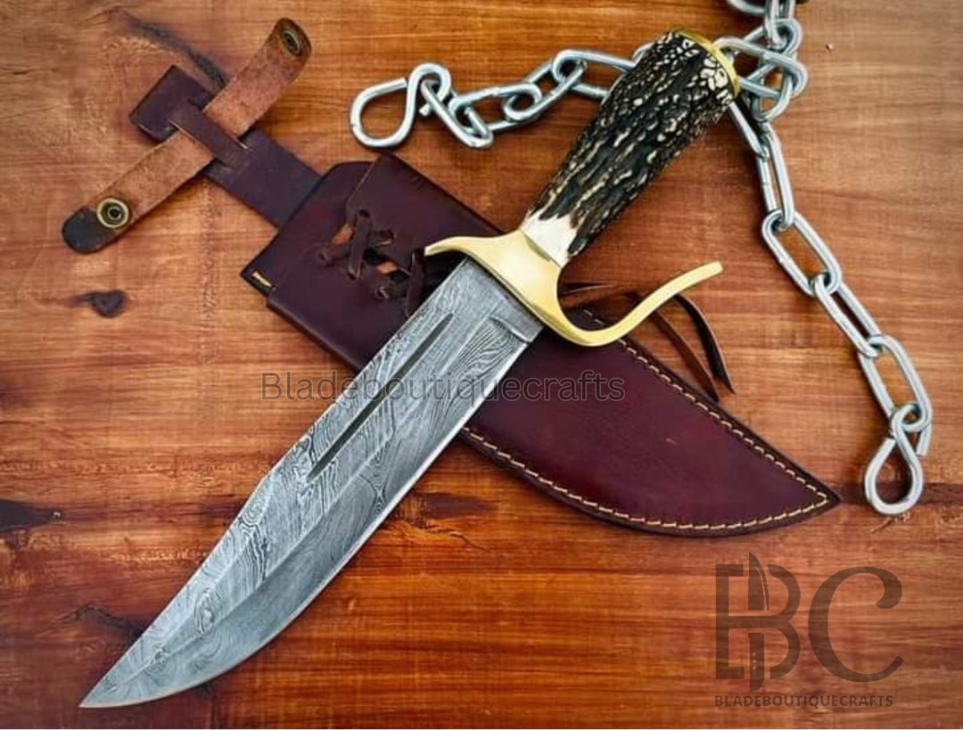 15 Custom Handmade Stag Handled Bowie Knife Damascus Steel Knife Gift ...