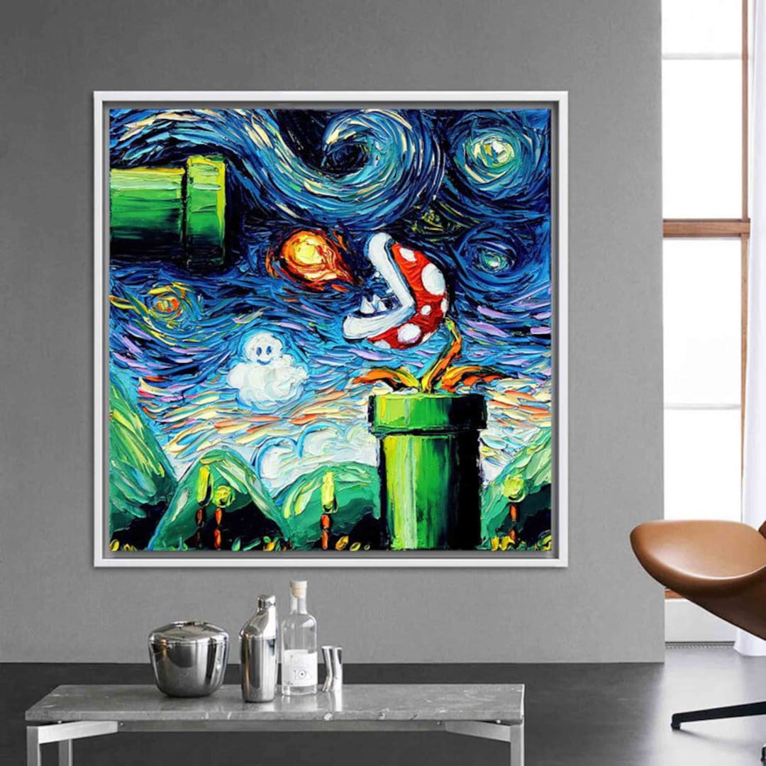 Mario Starry Night Canvas, Mario Bros Glass Art, Mario World Home Decor ...