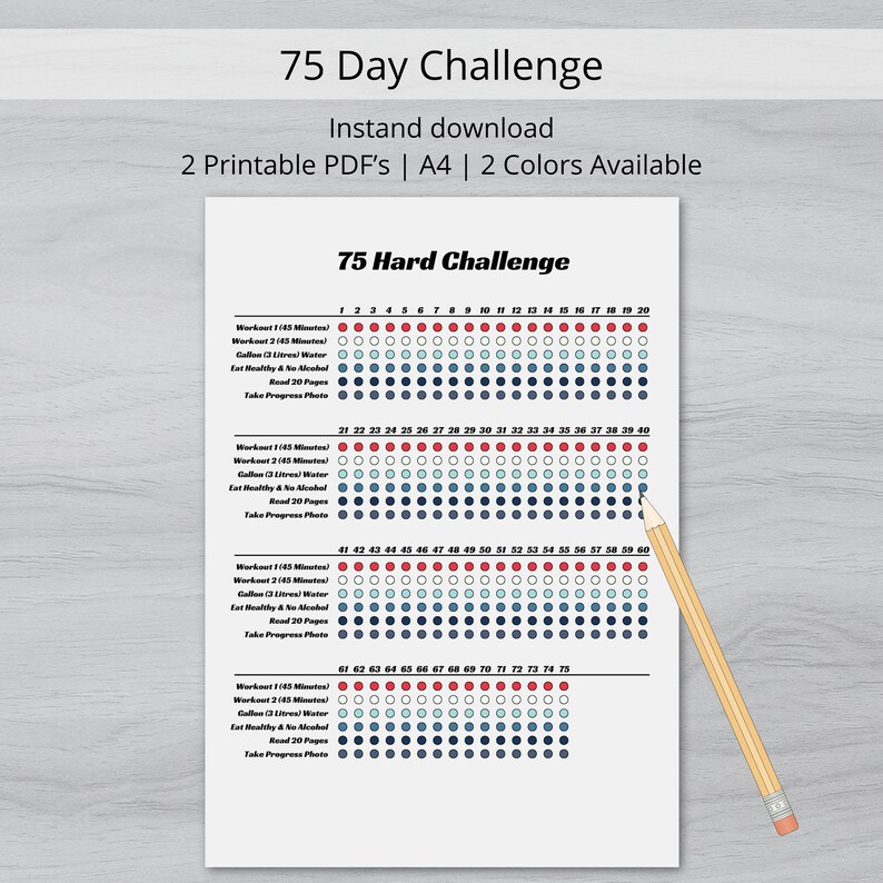 75 Hard Challenge | Printable Tracker | Instant PDF Download | Digital ...