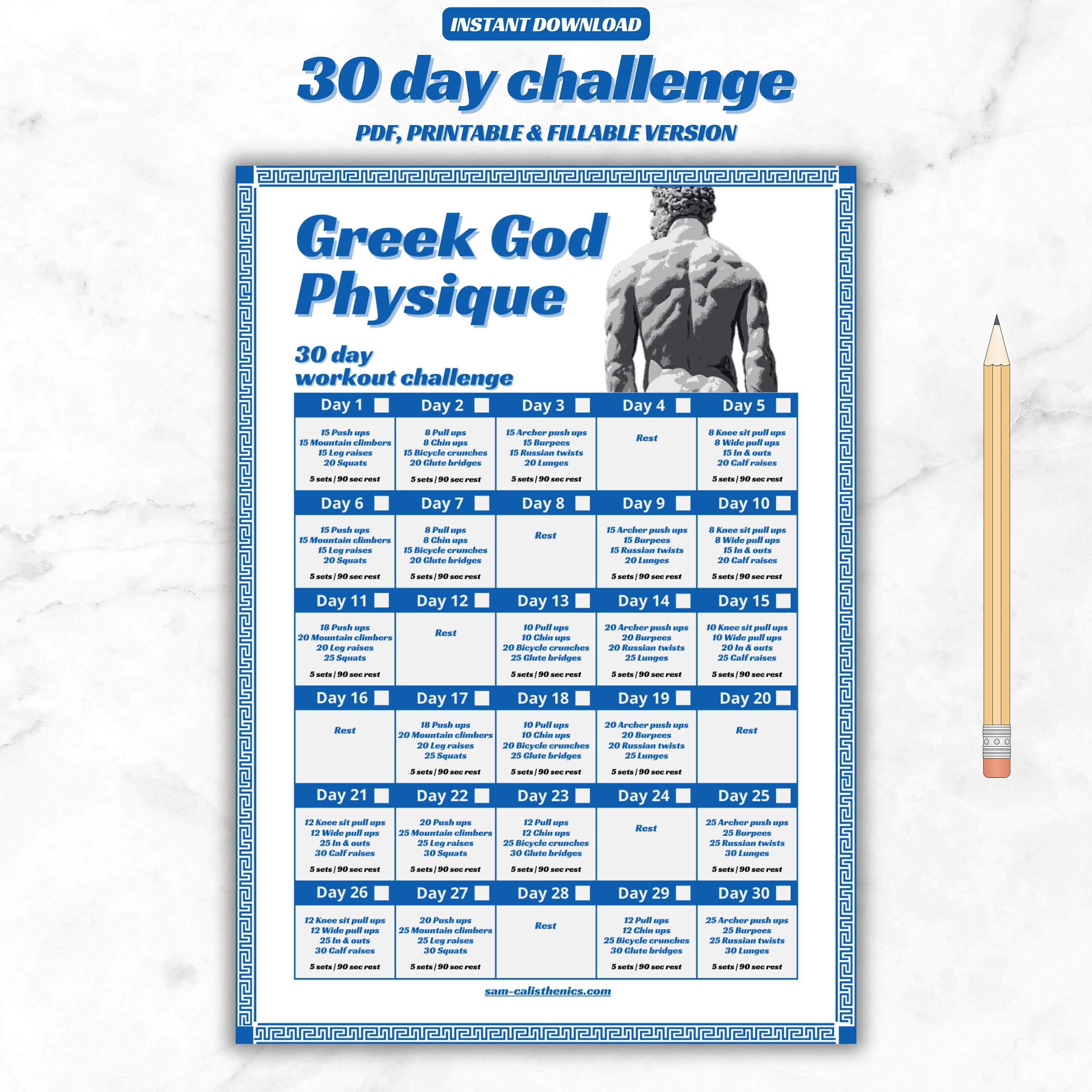 The Greek God Physique 30 Day Workout/calisthenics Challenge Instant ...