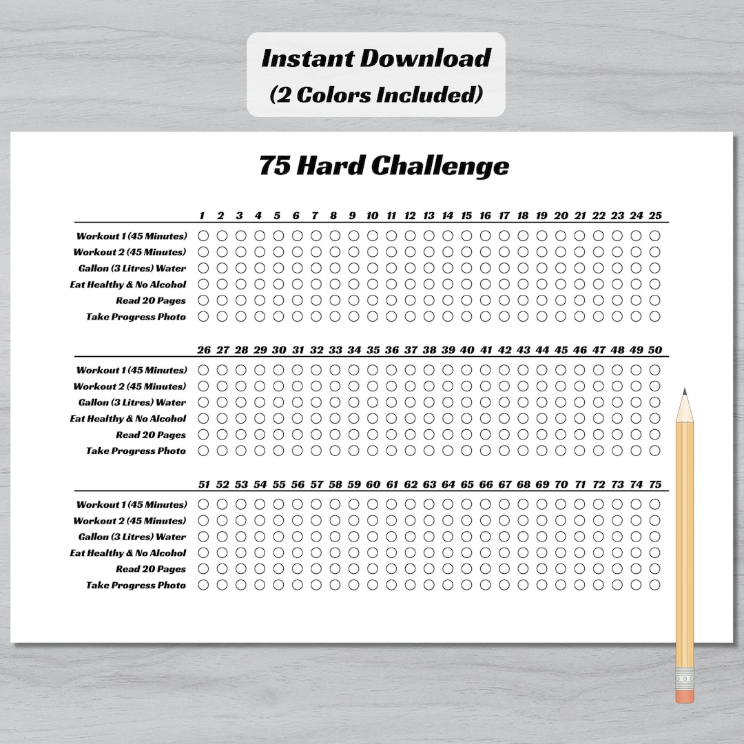 75 Hard Challenge Printable Tracker Instant PDF Download Digital ...
