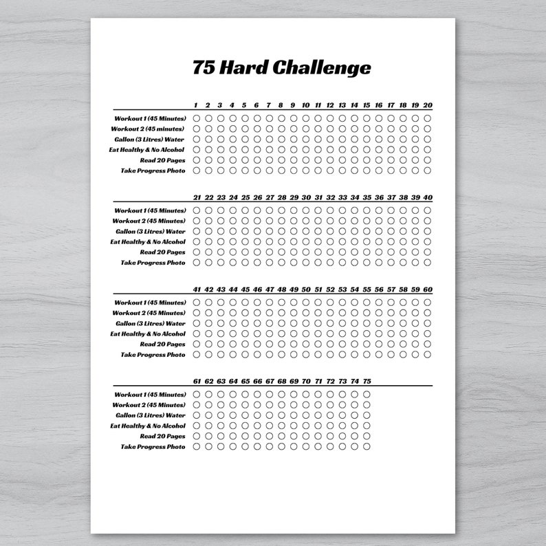 75 Hard Challenge | Printable Tracker | Instant PDF Download | Digital ...