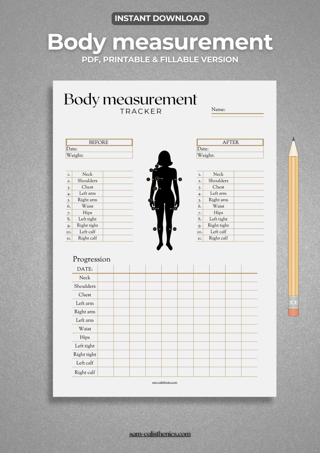 Body Measurement Tracker Woman Printable for Fitness, Calisthenics ...