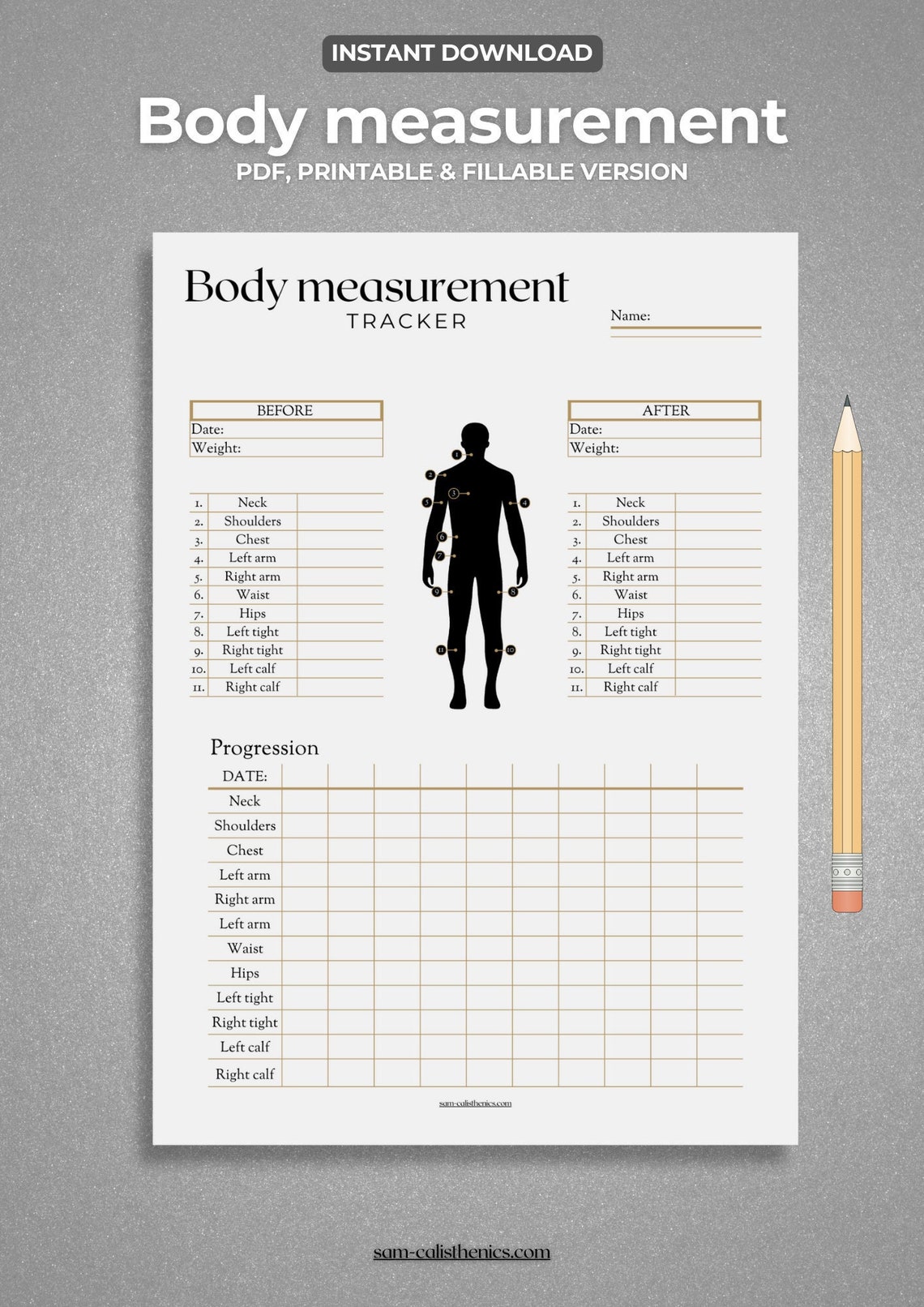 Body Measurement Tracker Man Printable for Fitness, Calisthenics ...