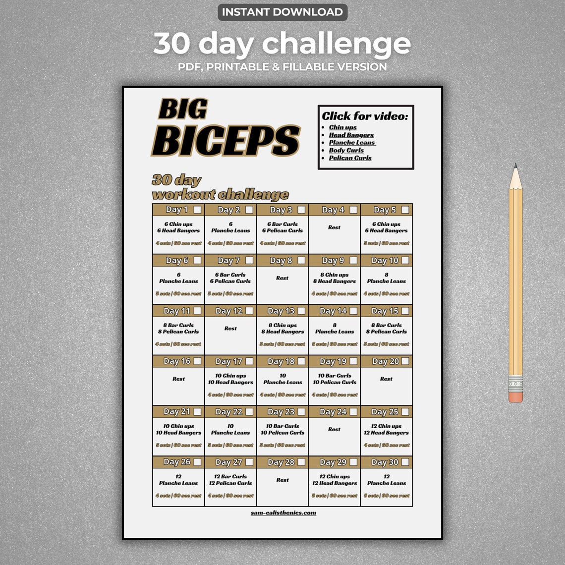 Grow Your Biceps 30 Day Workout/calisthenics Challenge Instant Download ...