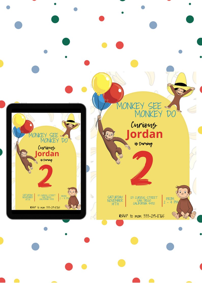 Curious George 2nd monkey See Monkey Do Birthday Invitation - Etsy