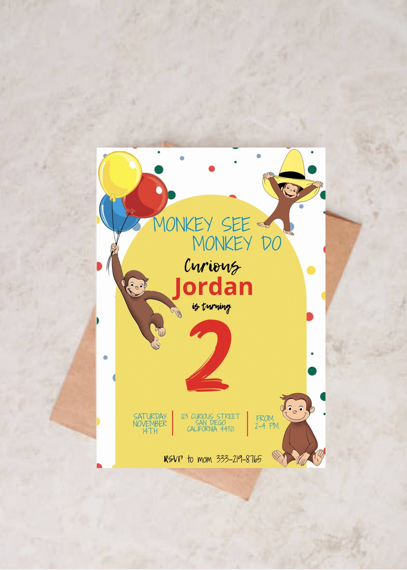 Curious George 2nd “monkey See Monkey Do” Birthday Invitation W/ Polka ...