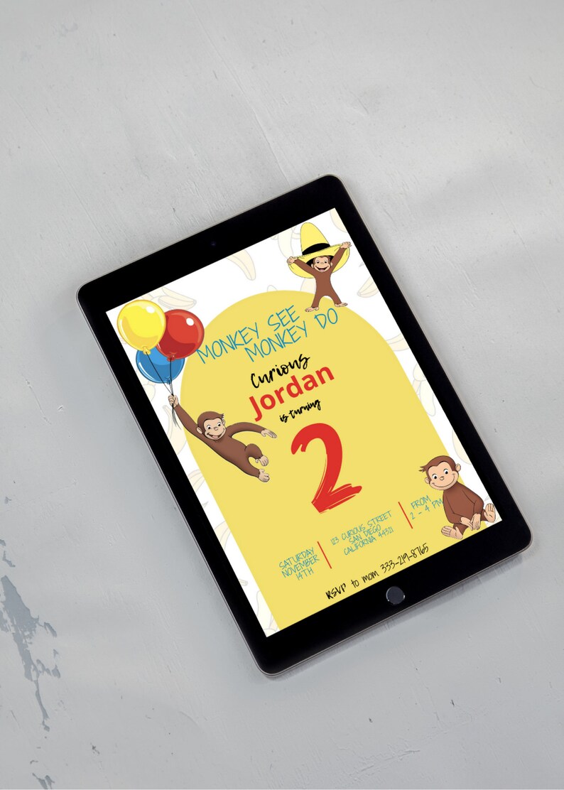 Curious George 2nd monkey See Monkey Do Birthday Invitation - Etsy