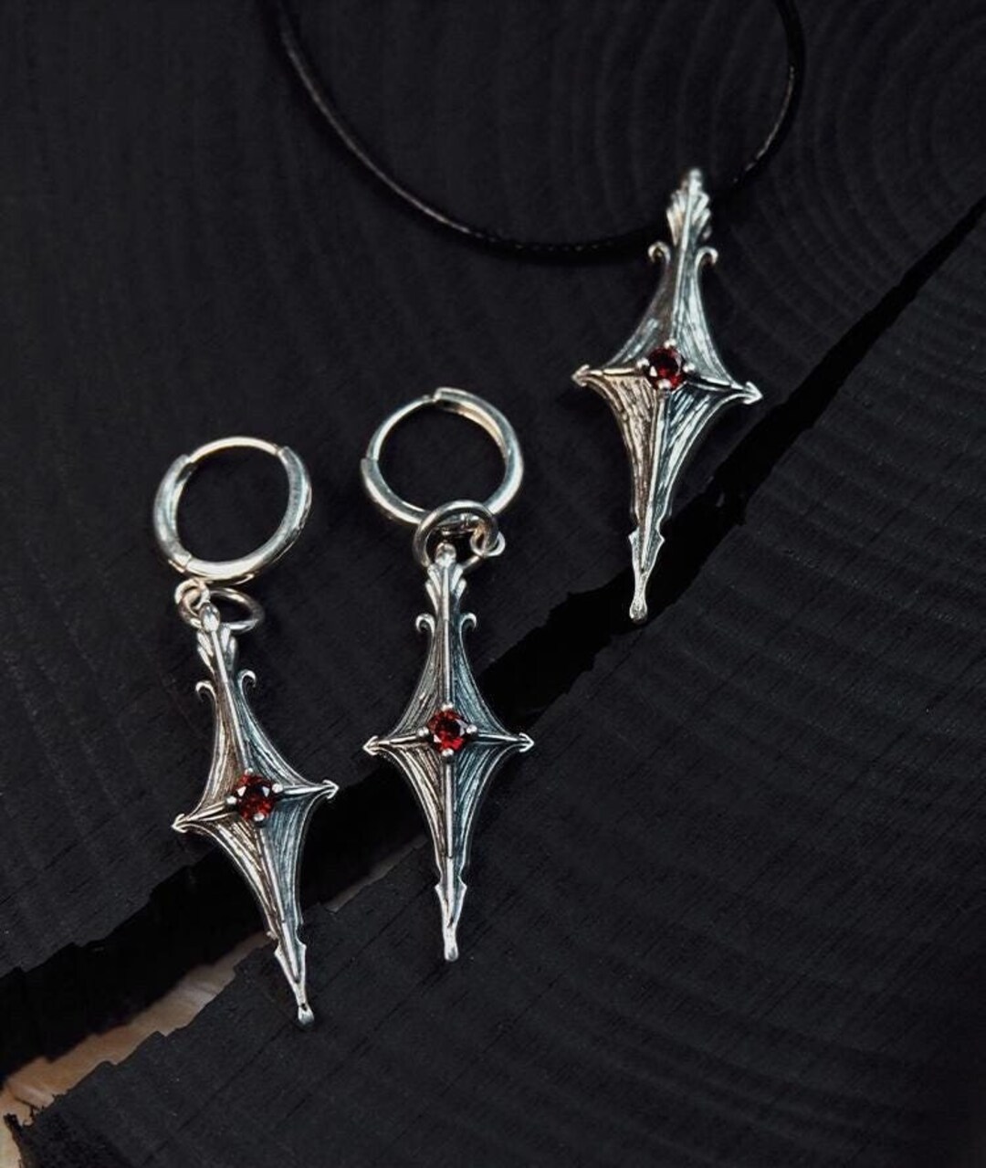 S925 Gothic Dagger Earrings, Blood Red Garnet Cross Design, Edgy Silver ...