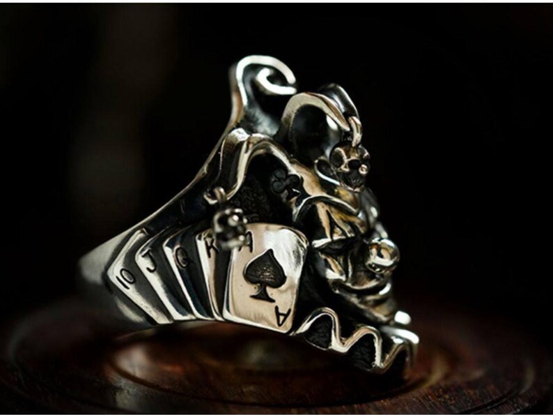 S925 Silver Joker Ring With Skull, Playing Card & Dice Details, Men's ...